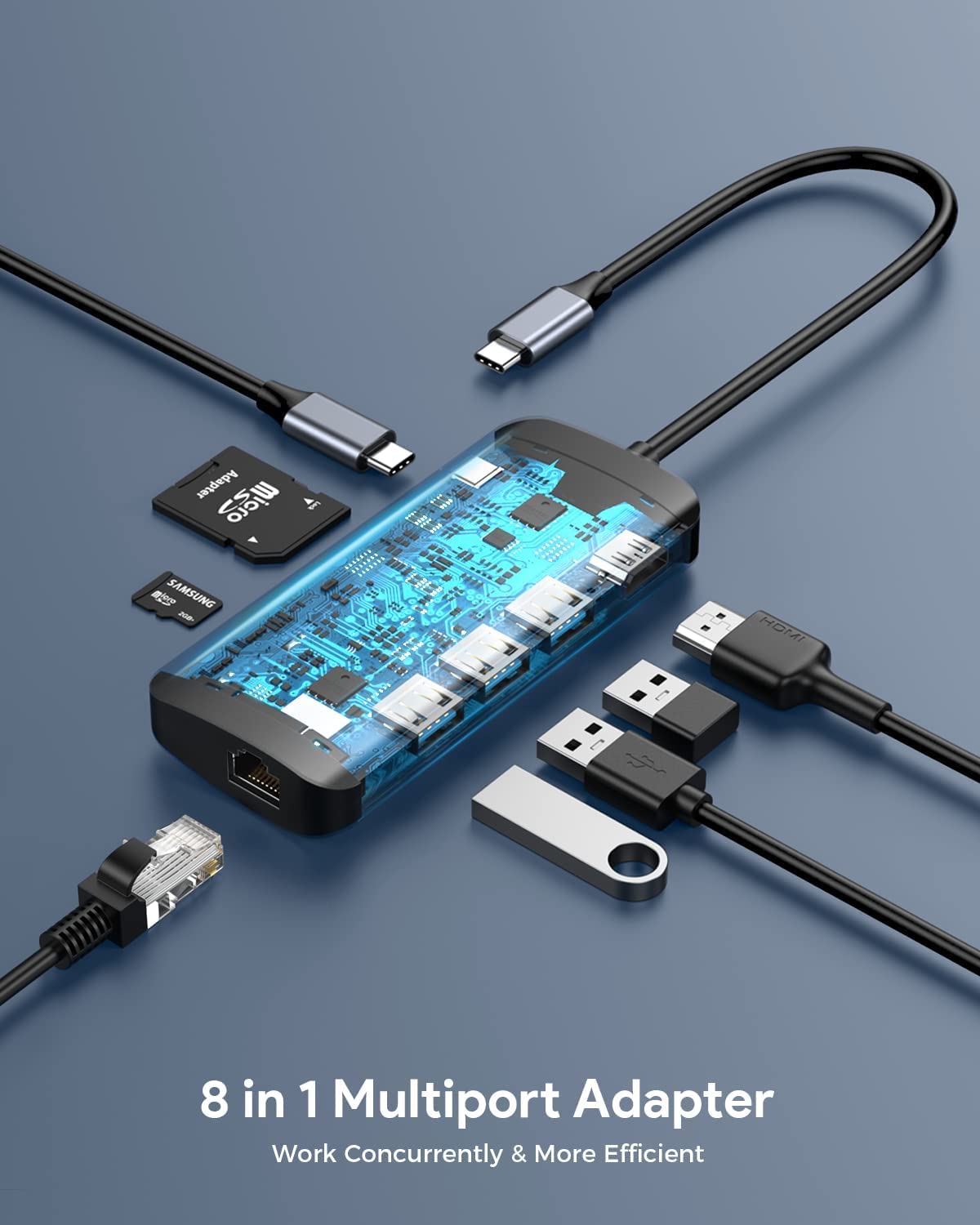 vilcome USB C Hub Adapter, 8-in-1 USB C Adapter,with 4K USB C to HDMI,SD/TF Card Reader and Ethernet,3 USB 3.0 Ports,87W Power Delivery,for MacBook Pro, iPad Pro 2019/2018, Pixelbook, XPS, and More