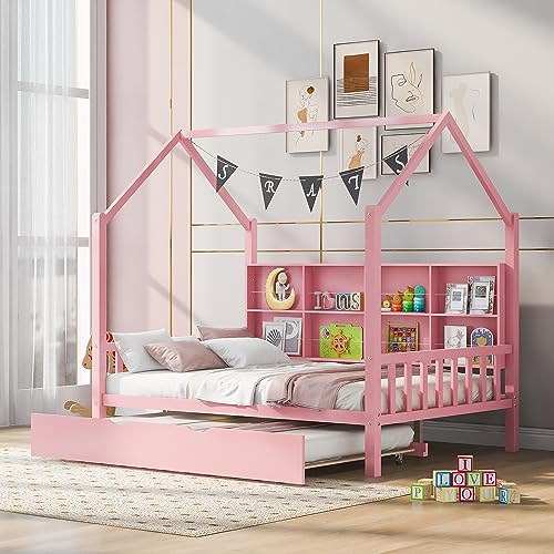 BIADNBZ Full Size House Platform Bed with Trundle and Storage Shelves, Wooden Daybed with Roof, Sofabed Frame for Kids/Teens Bedroom, Pink