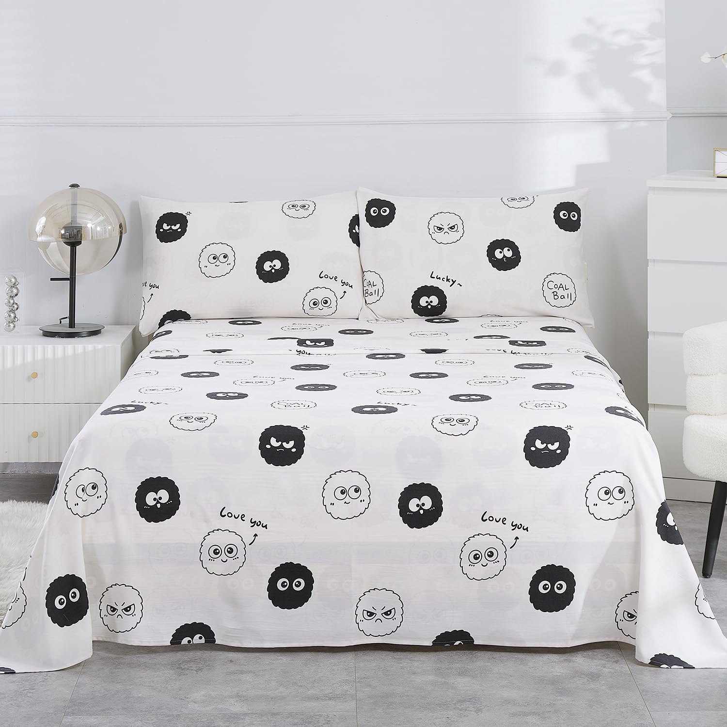 8HMOON Small Coal Ball Sheet Set Twin Size - 3 Piece Set,Cute Character Printed Soft Microfiber Bed Sheets for Girls and Boy Deep Pocket
