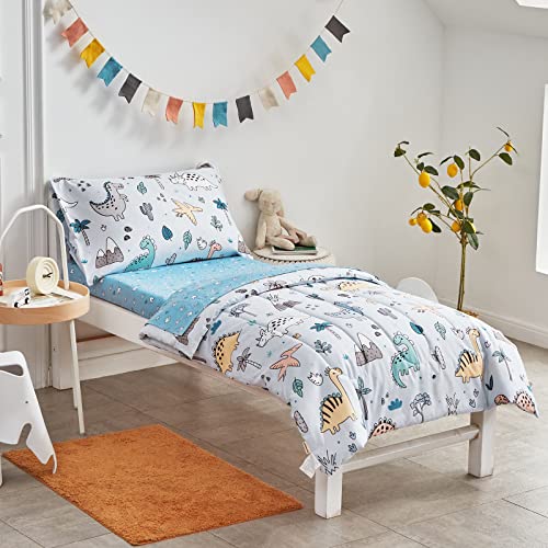 Joyreap 4 Piece Toddler Bedding Set, Cute Dinosaur on Light Blue, Ultra Soft Microfiber Toddler Comforter for Kids Boys Girls, Includes Quilted Comforter, Fitted Sheet, Top Sheet, and Pillow Case