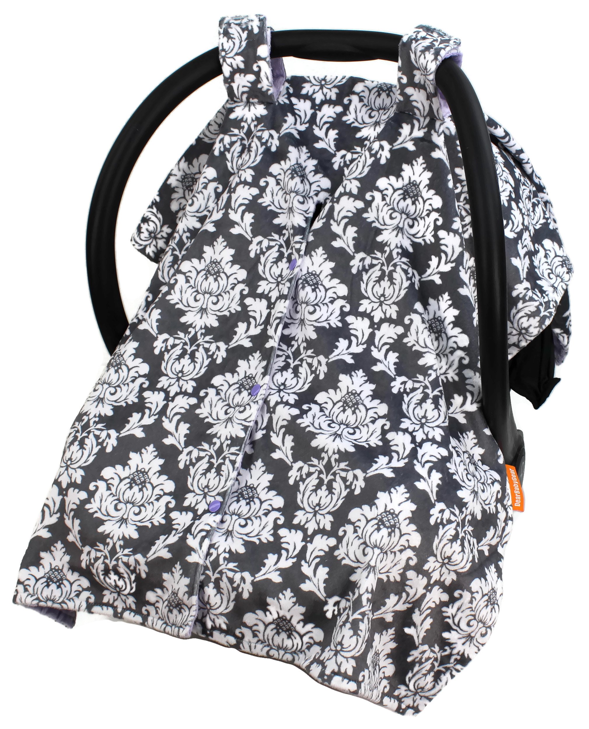 Dear Baby Gear Deluxe Car Seat Canopy, Custom Minky Print Grey and White, Lavender Minky Dot