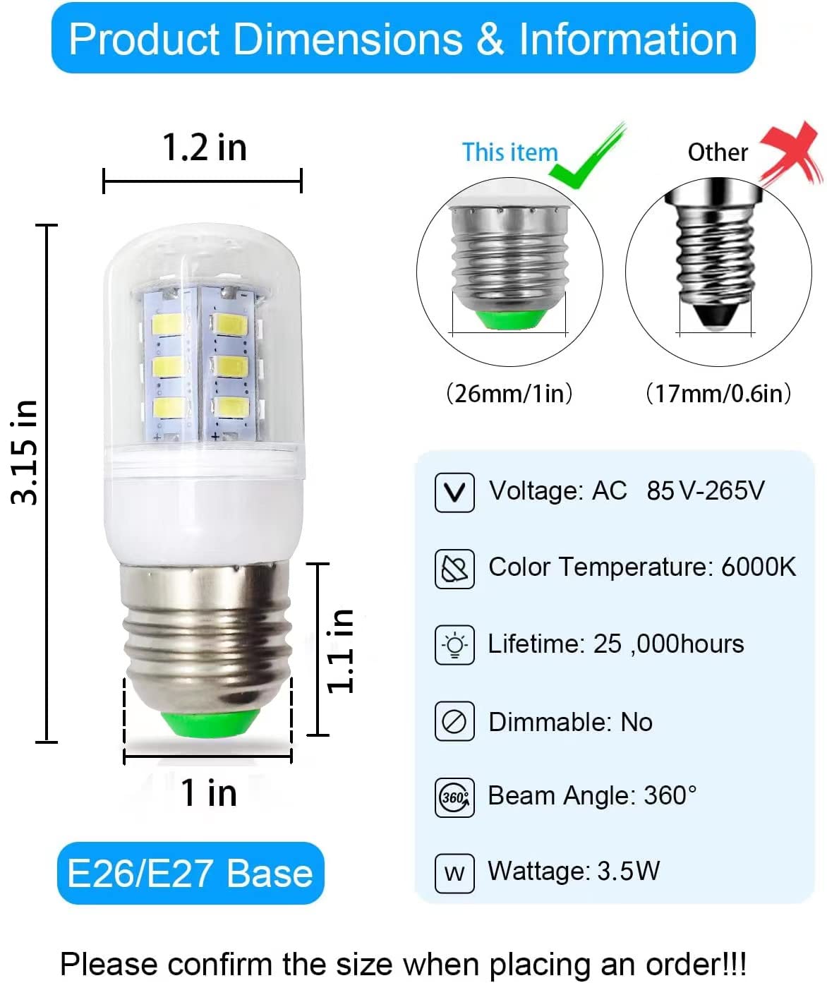 Fneiosg E26 LED Refrigerator Light Bulb 3.5W, 40W Equivalent, Daylight White 6000K 500LM, 25,000 Hour Lifetime, Non-Dimmable Energy Saving ac 100 265v frigidaire Light Bulb Replacement,1-Pack