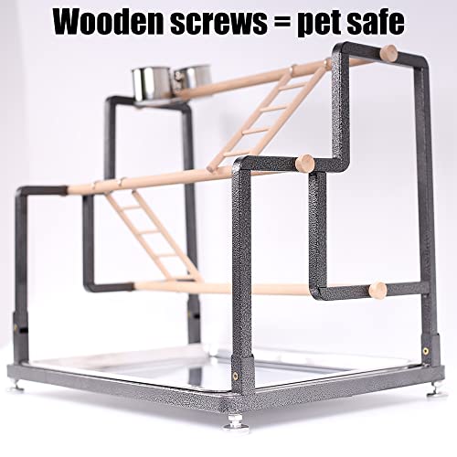 Bird Playground, Playstand for Small to Large Birds with Collapsible Metal Frame, Heavy Duty Quick-Install No Tool Request, 4 Standing Perch, 2 ladders and 2 Bird Cups