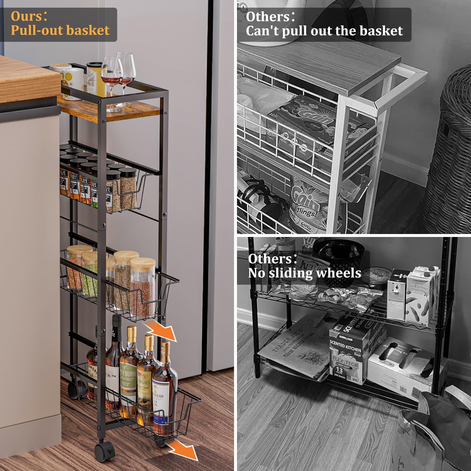 4 Tier Slim Rolling Cart with Pull-out Baskets, Mobile Kitchen Cart with Lockable Wheels, Narrow Utility Storage Cart for Bathroom,Laundry, Living Room ,Small Space,Black
