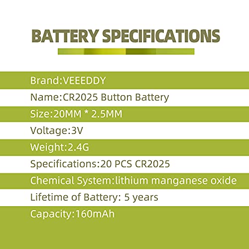 VEEEDDY CR2025 Battery 3v Lithium 2025 Battery Long Lasting cr2025 3v Lithium Battery for car Remote Key 20pcs
