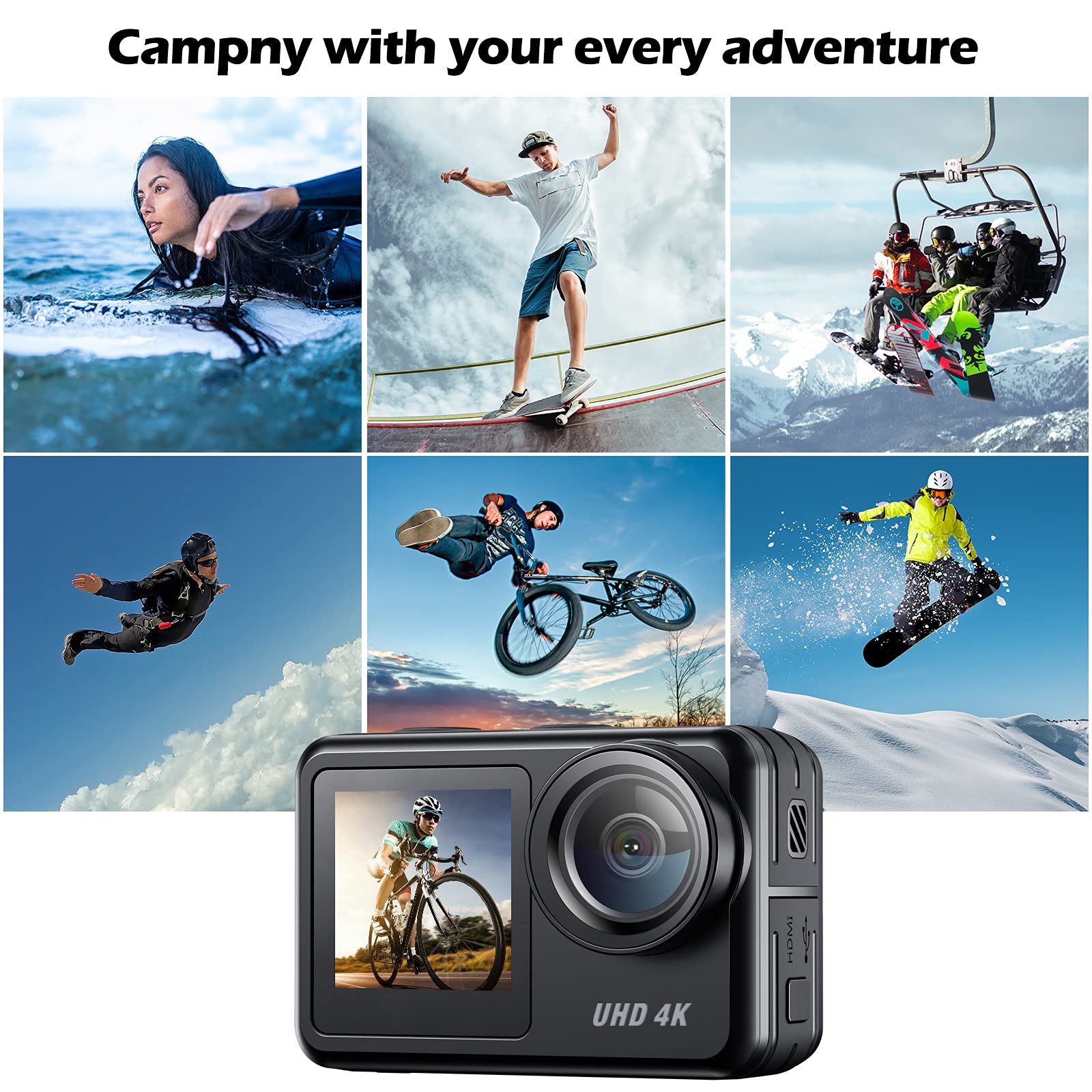4K 20MP Action Camera Dual Screen 40M Waterproof Underwater Camera, WiFi Sports Camera, PC Webcam with EIS Remote Control, Charger and 2X 1350 Batteries