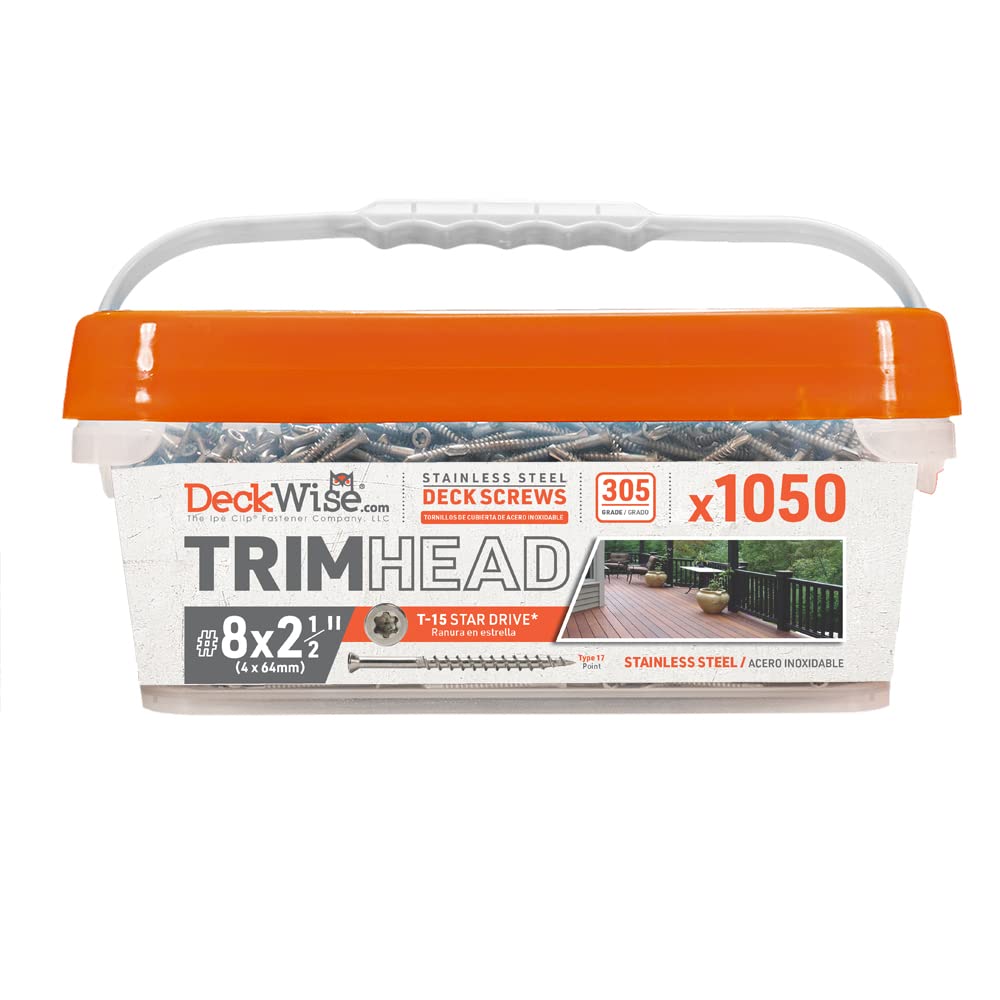 DeckWise #8x2-1/2" Stainless Steel Trim-Head Deck Screws, T15 Head, Covers 250 Sq. Ft. of Decking (1050 Pack)