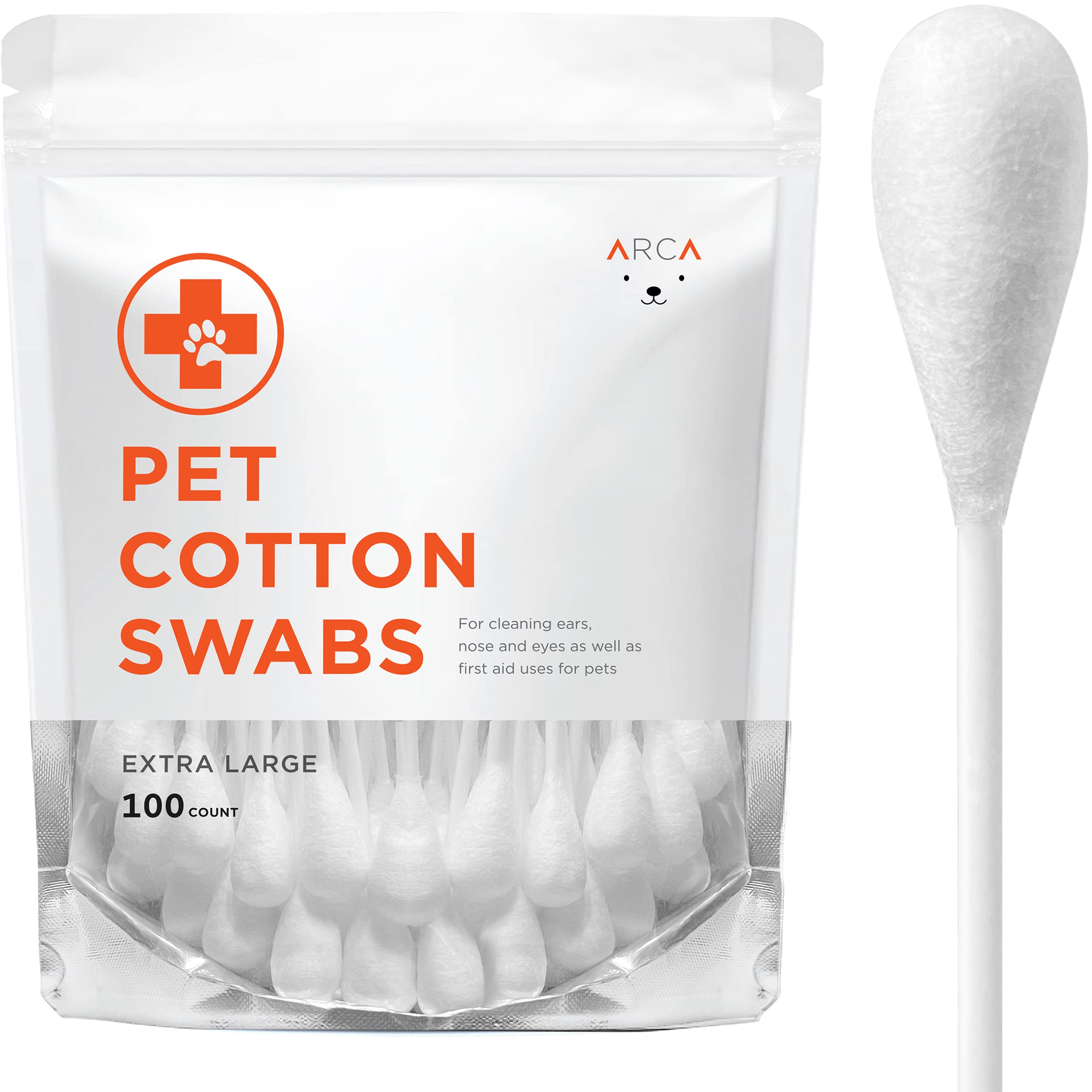 ARCA PET Cotton Swabs for Dogs and Cats - Cat & Dog Ear Cleaner Long Cotton Swab - Extra Large Cotton Head, Cat & Dog Ear Cleaning Kit for Puppies, Multipurpose Pet Cotton Swabs (Extra Large 100 Buds)