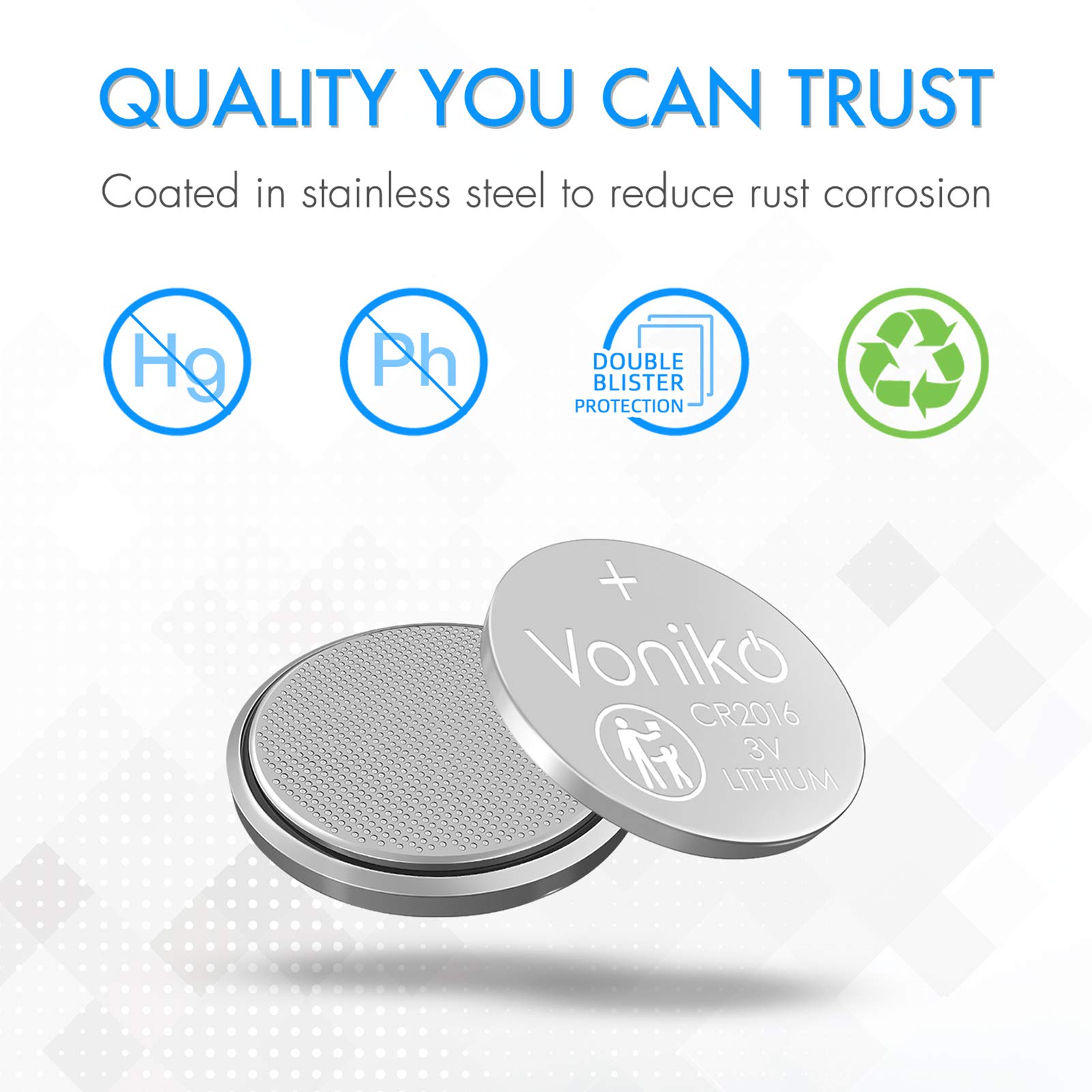 Voniko 3 Volt 2016 Battery 6 Pack – Button Cell 2016 Batteries – Lithium CR2016 3 Volt Coin Battery – Child-Protection Packaging, 7 Years Shelf Life