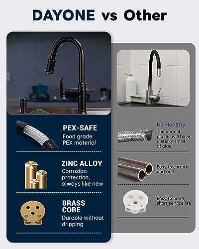 Antique Oil Rubbed Bronze Kitchen Sink Faucet with Soap Dispenser, DAYONE Pull Down Farmhouse Faucet for Sink with 3 Mode Sprayer, Single Handle High Arc, DAY-APS136-ORB