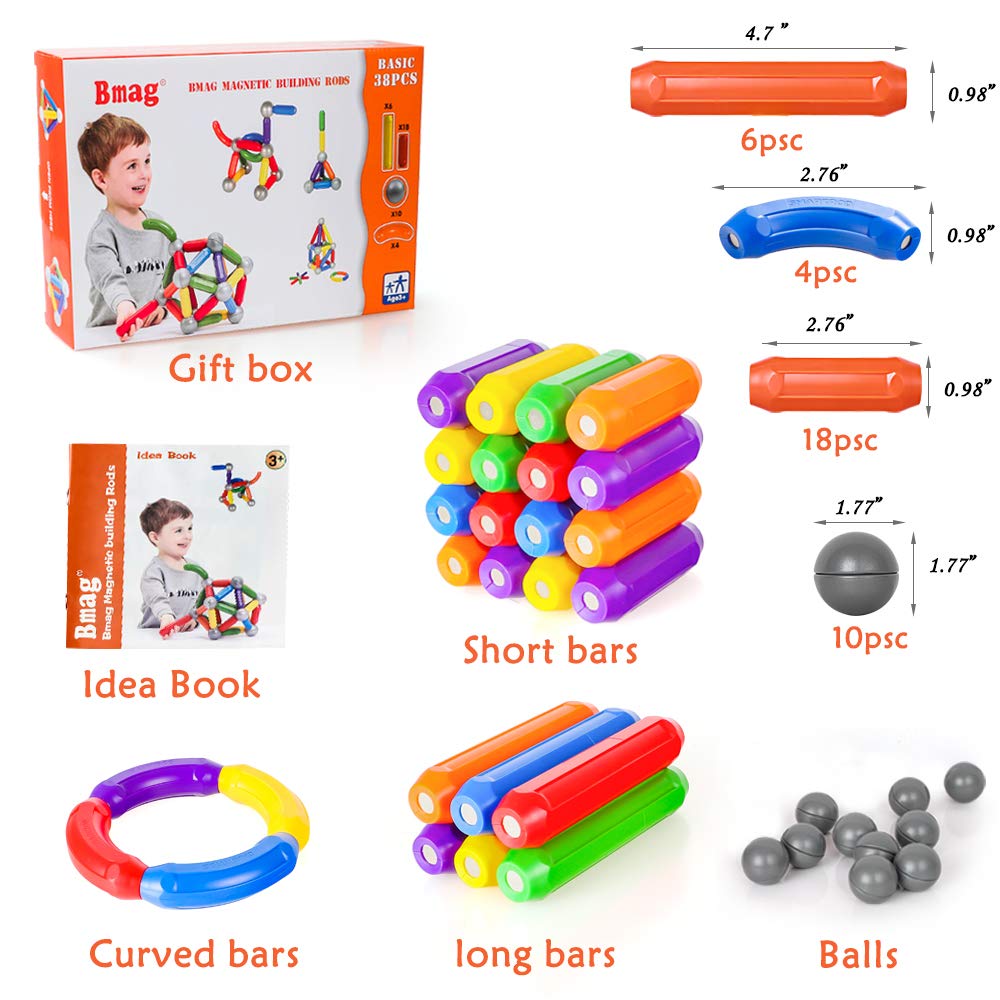 Bmag 38 PCS Magnetic Balls and Rods Set, Magnet Building Sticks Set, Building Blocks Tiles, STEM Stacking Toys for Kids,Juniors,Toddlers