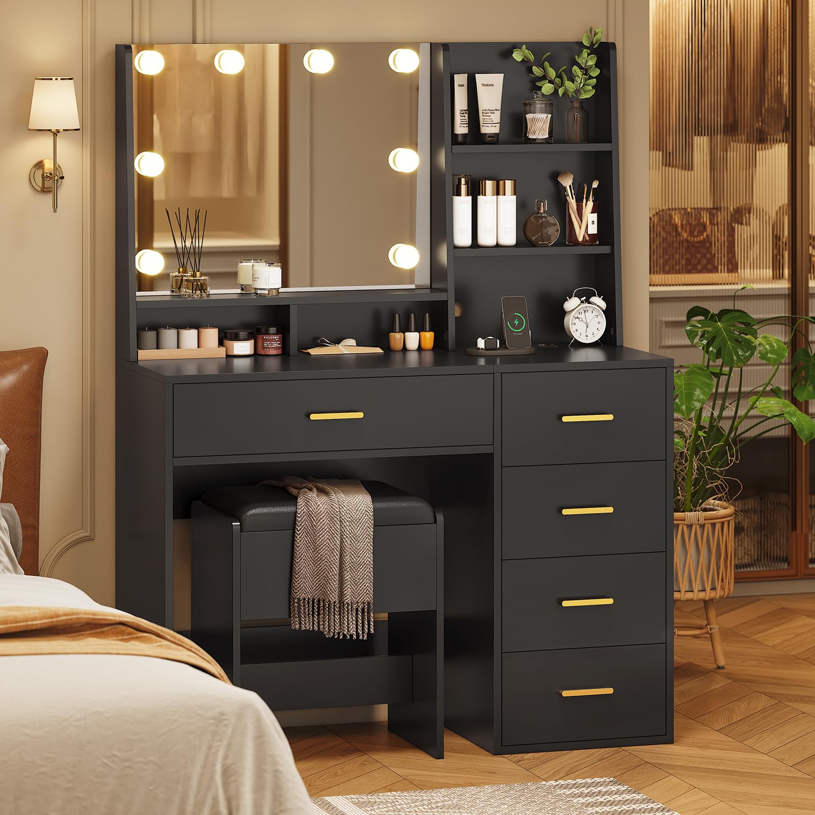 AOGLLATI Makeup Vanity Set with Lights, Vanity Desk with Mirror and Lights, Black Vanity Table with Cushioned Stool, Makeup Desk with Charging Station, Visible Drawers, Open Storage Shelves