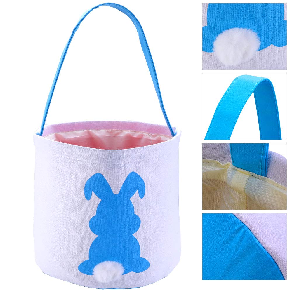 4 Pieces Easter Bunny Basket Bags for Kids Canvas Cotton Carrying Gift and Eggs Hunt Bag, Easter Gift Basket with Tails Printed Rabbit for Kids Party Decoration and Daily Use