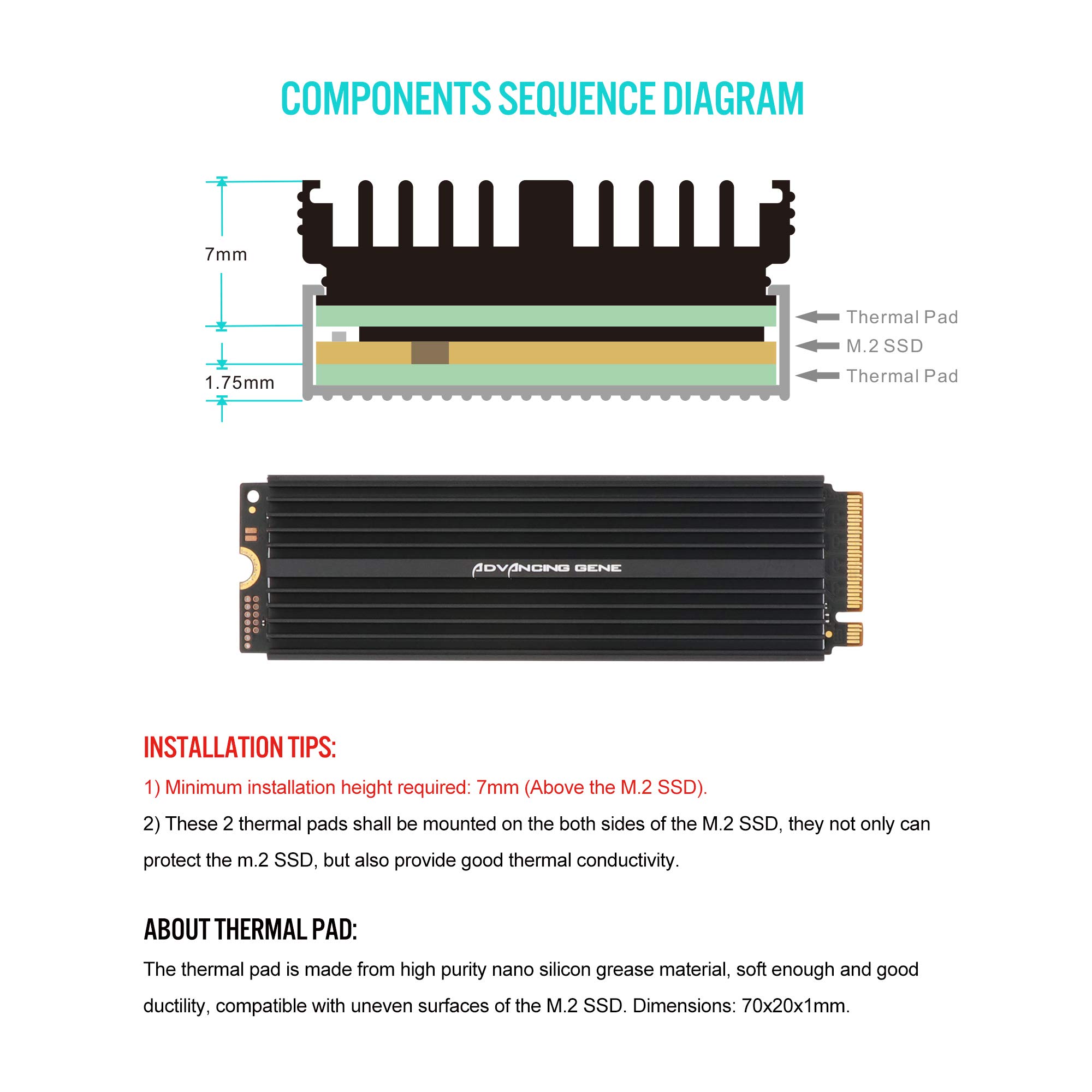 Advancing Gene M.2 NVMe Heatsink Cooler with 2pcs Nano Thermal Pads (Pro Version, for Desktop PC)