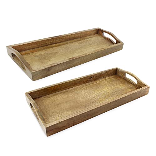 AuldHome Rustic Wood Serving Trays (Set of 2), Handmade Primitive Rectangular Mango Wood Nesting Trays, Handmade in India