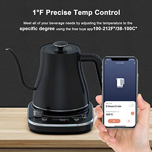 Gooseneck Electric Kettle, WiFi Smart Electric Kettle Temperature Control, Pour Over Kettle and Tea Kettle, TUYA App Control, 1200W Quick Heating, 100% Stainless Steel, 0.8L, Matte Black
