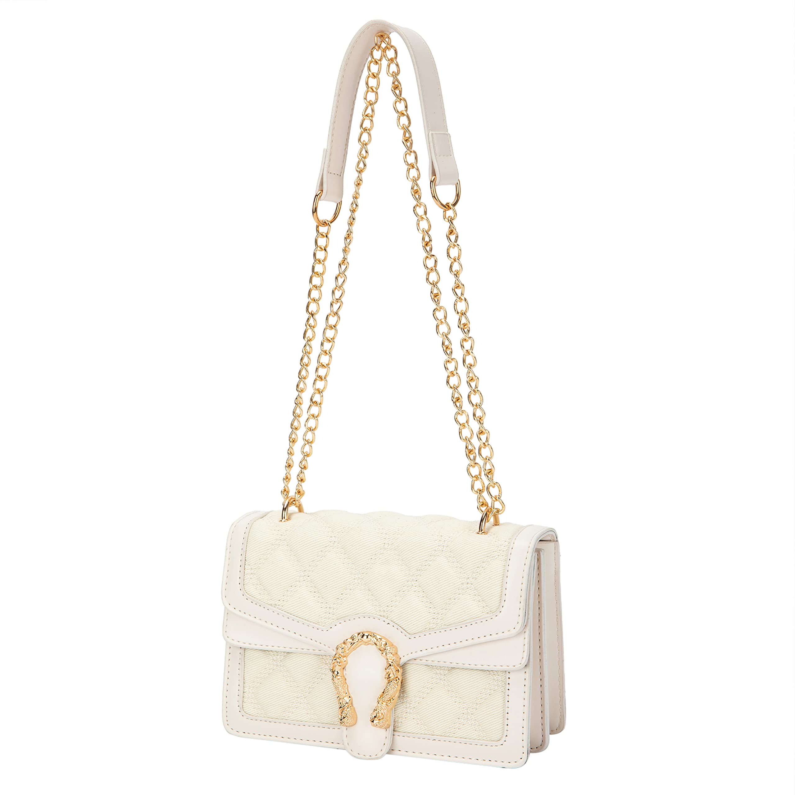 DEEPMEOW Womens Quilted Crossbody Shoulder Purse - Fashion Denim Handbag with Chain Strap Casual Mini Square Messenger Bag(White)