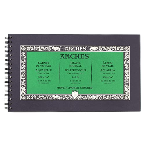 Arches Watercolor Travel Journal 6x10-inch Natural White 100% Cotton Paper - 15 Sheets of Arches Watercolor Paper 140 lb Cold Press - Arches Watercolor Journal for Gouache Ink Acrylic and More