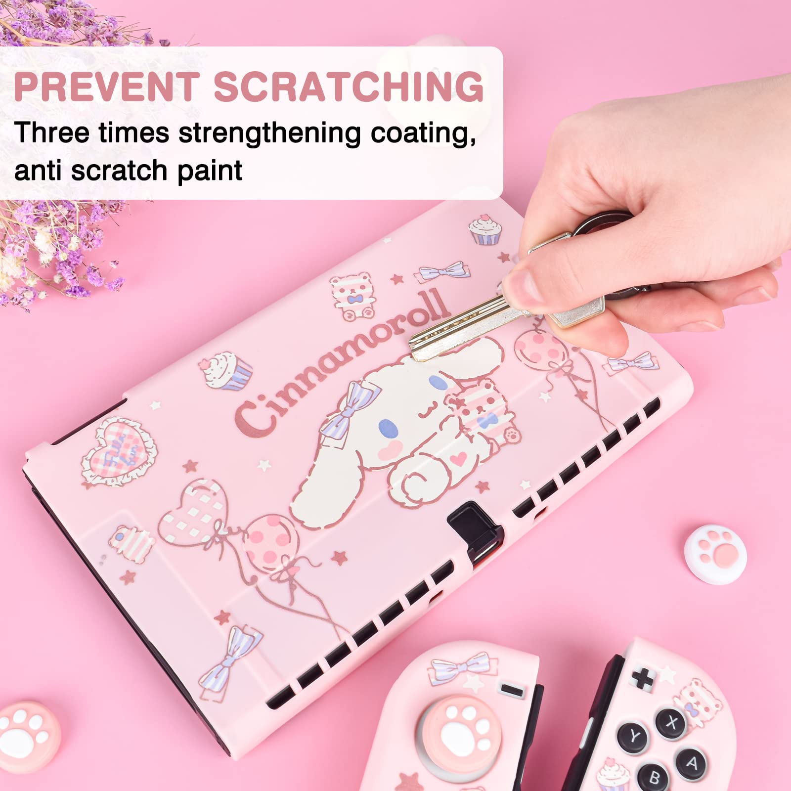 DLseego Cute Dog Switch OLED Protective Case Silicone Soft Cover Shockproof Pink Skin Joy Con Shell with 4PC Cat Claw Thumb Grips Caps