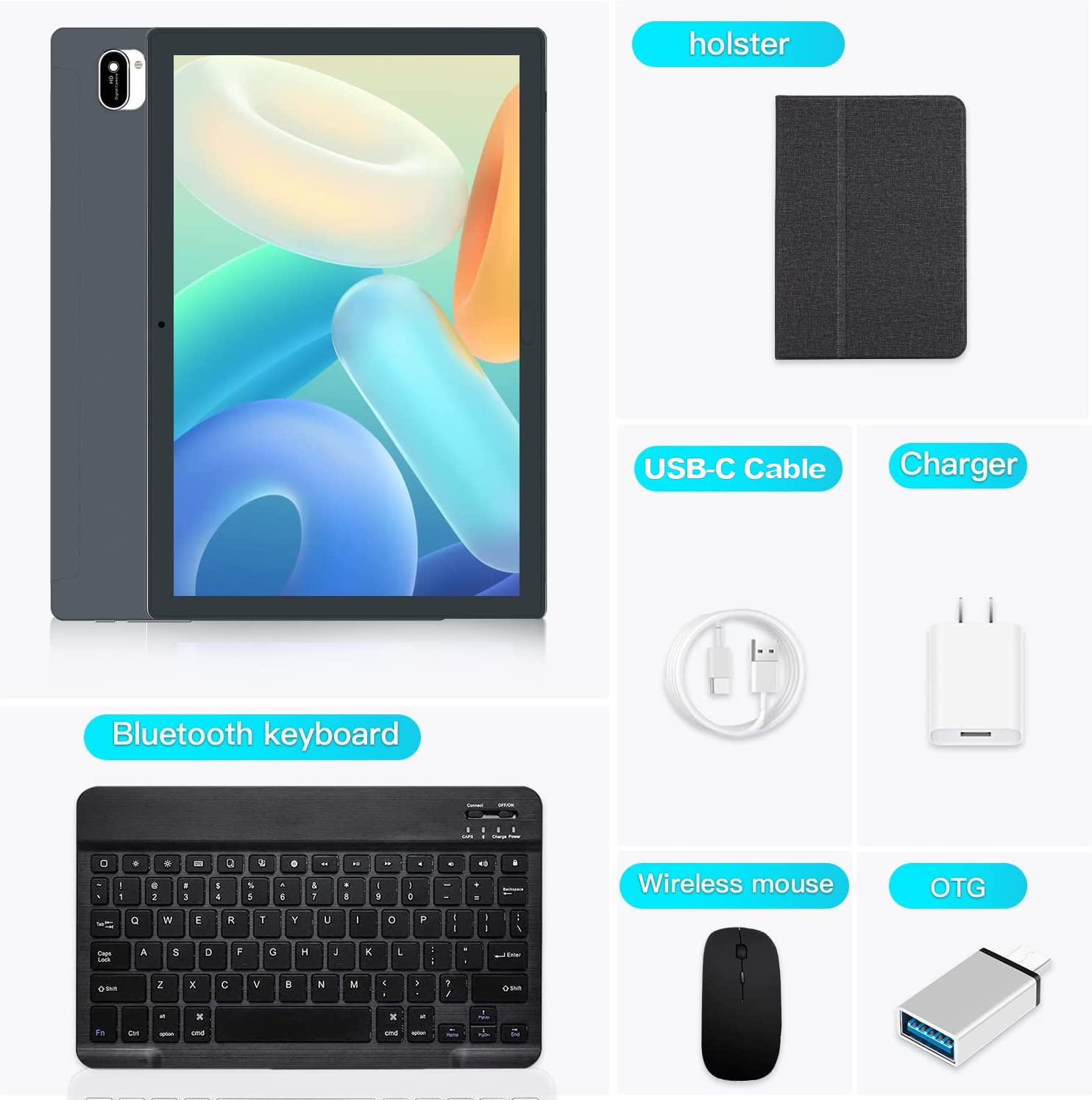AOYODKG Android Tablet with Keyboard, 2 in 1 Tablet 10 Inch, 64GB ROM 4GB RAM 256GB Expandable, Newest Quad-Core Processor, WiFi Android 11 Tablet, Dual Camera, 6000mAh, Bluetooth, FM