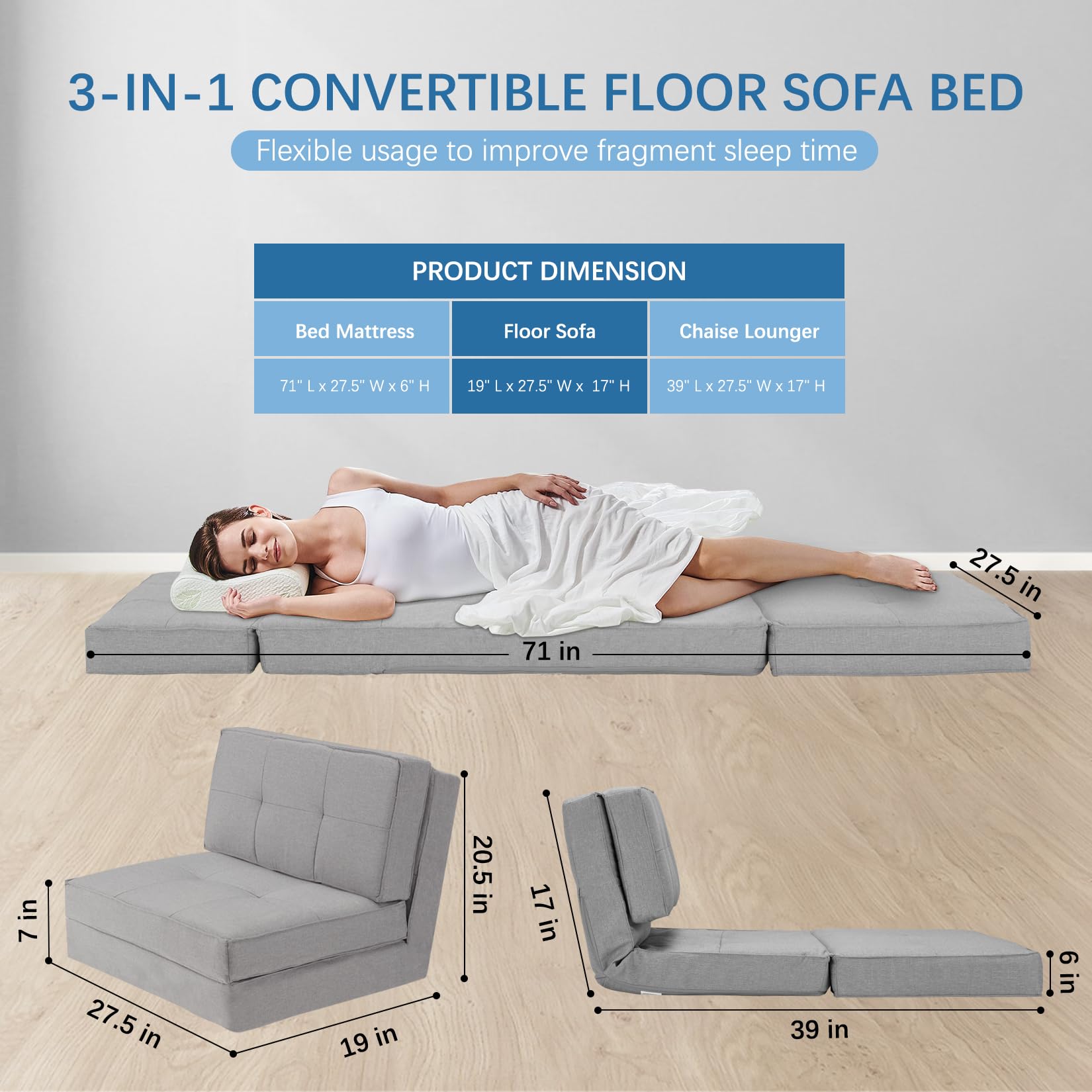 ACIPENSER Floor Sofa Couch, Convertible Floor Couch Bed with 5-Position Backrest, 4-in-1 Upholstered 6" Thickness Folding Sofa Bed Mattress for Living Room, Bedroom, Guest Reception, Dorm, Grey
