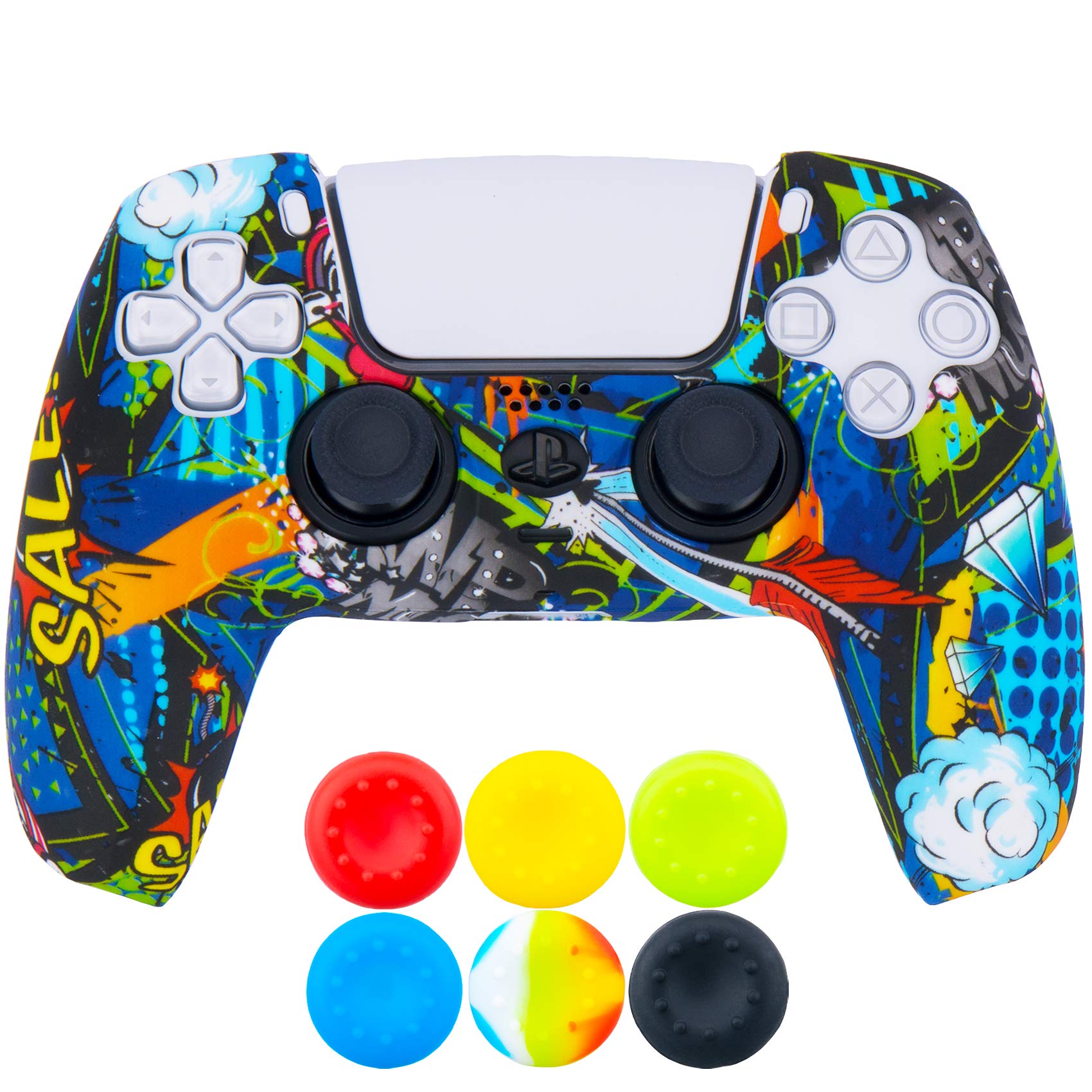 9CDeer 1 Piece of Silicone Transfer Print Protective Thick Cover Skin + 6 Thumb Grips for Playstation 5 / PS5 Controller Graffito Blue