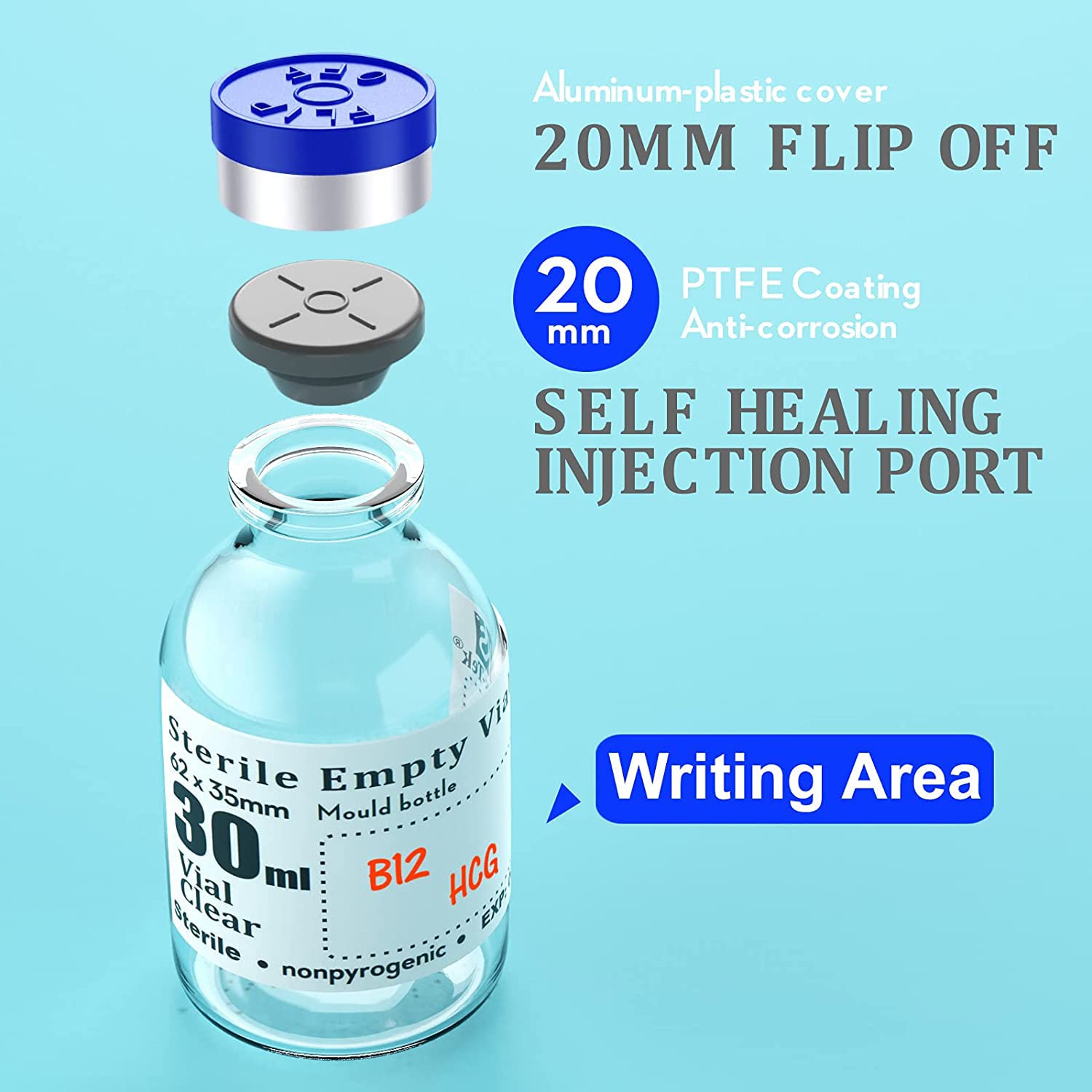 Biocomma 30ml 10pcs Sterile Empty Vial with Plastic Aluminum Flip Off Caps,Penicillin Bottle 20mm Crimp Top Sterile Transparent Borosilicate Lab Sample Vial (Transparent)