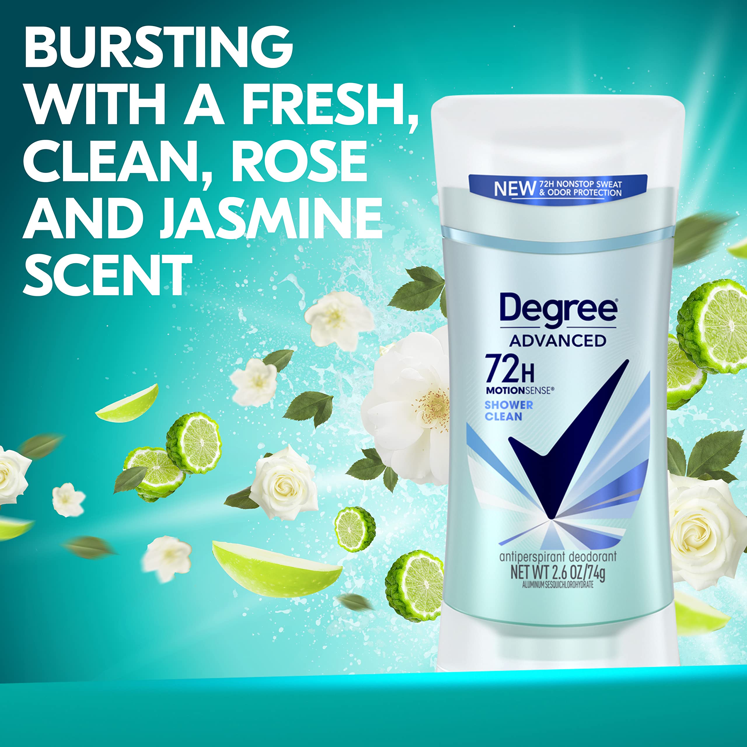 Degree Advanced Antiperspirant Deodorant 4 count 72-Hour Sweat & Odor Protection Shower Clean Antiperspirant for Women with MotionSense Technology 2.6 oz
