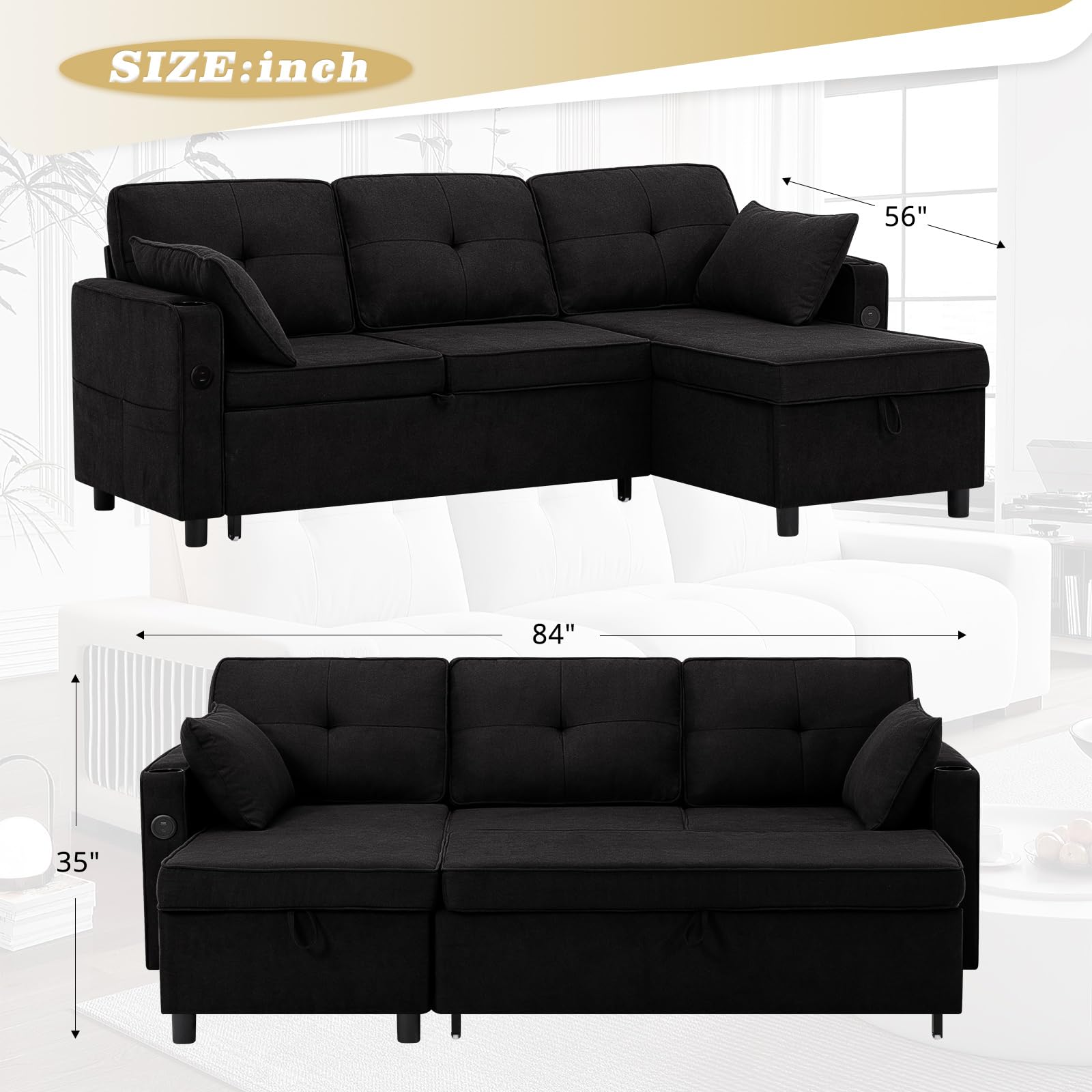 ACMEASE 84" L-Shaped Pull Out Sofa Bed w/Storage Chaise, Tufted Sectional Sofa w/USB Port, Chenille Sleeper Couch w/Cup Holders for Living Room, Orange