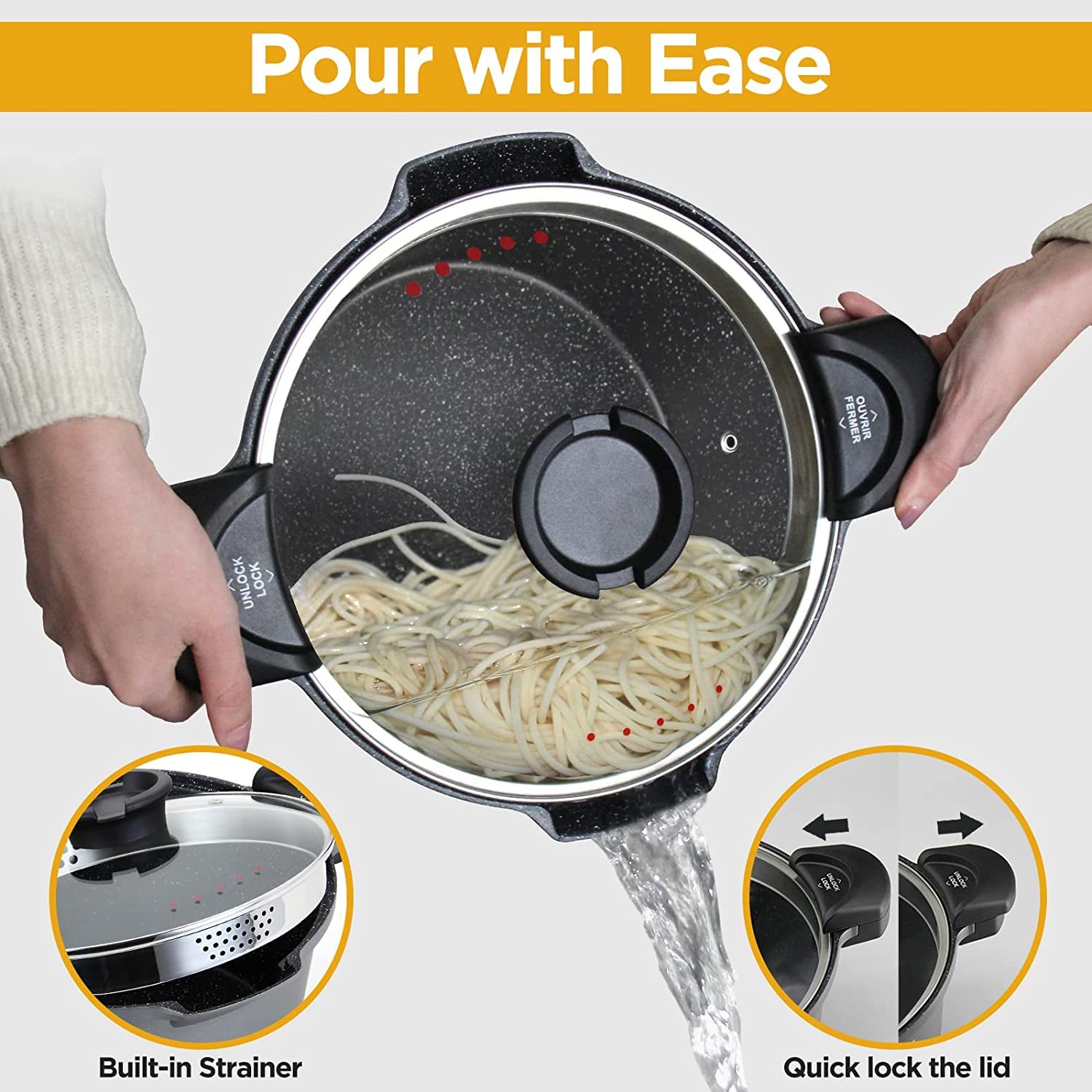 8.5 Quart Stock Pot with Strainer Lid, Multipurpose Pasta Pot Spaghetti Pot, PFOA free, Three-layer Non-stick coating, Dishwasher Safe, Tempered Glass Lockable Lid, Cast Aluminium, Grey