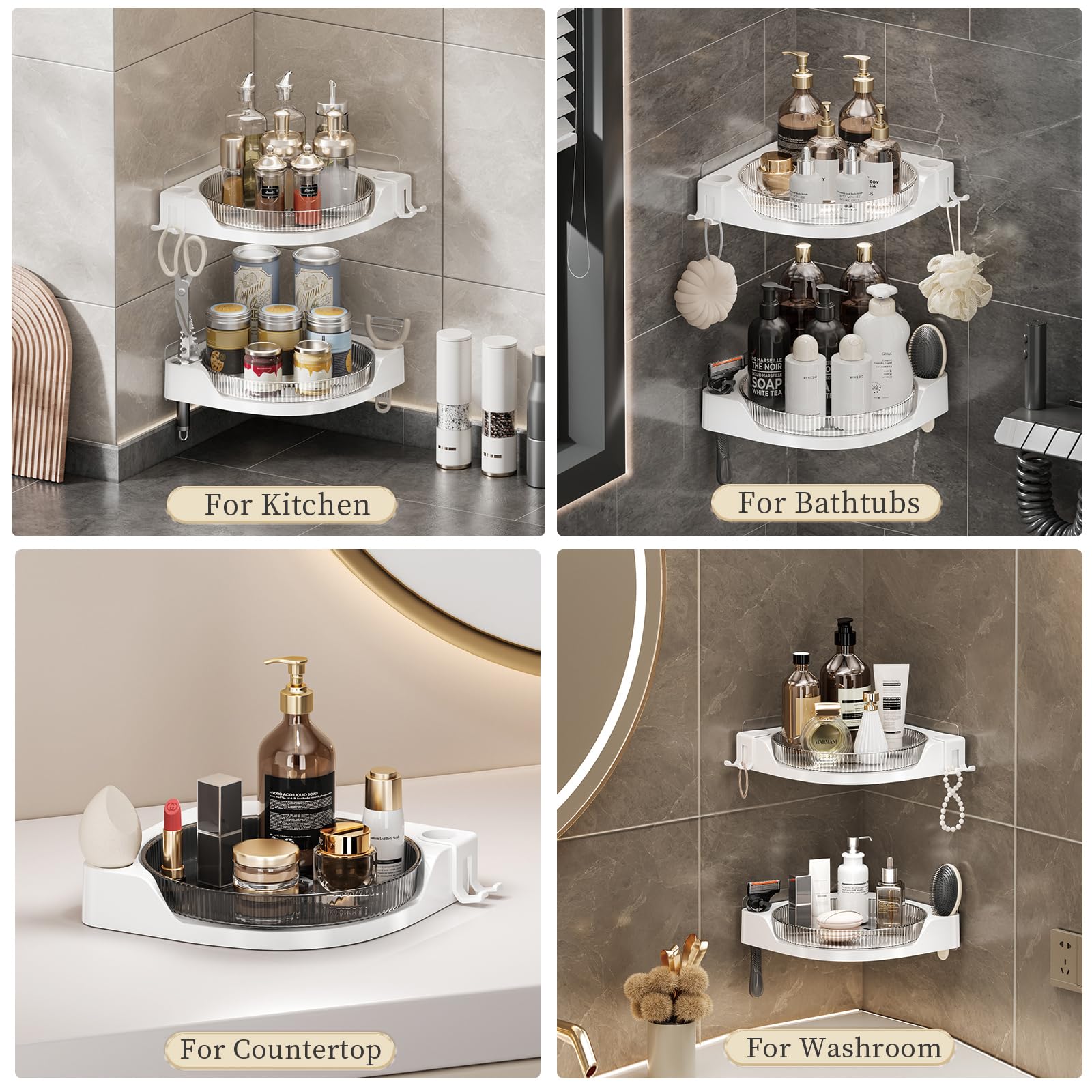 akinbas Corner Shower 3 Tier Caddy Lazy Susan Organizer 360 Rotating Corner Shelf Wall Mounted with No Drilling Shelves for Bathroom Dorm and Kitchen (White)