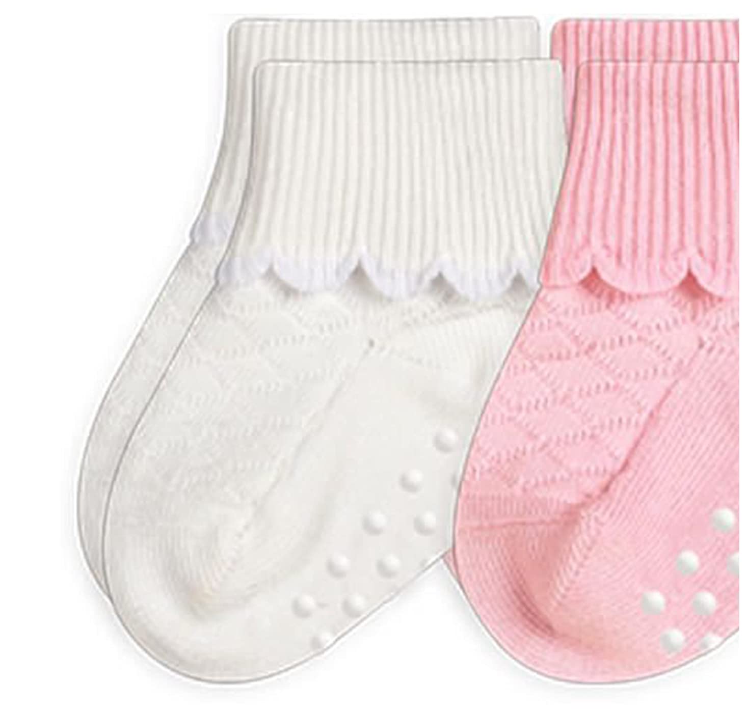 Jefferies Socks Baby Girls' Non-Skid Scalloped Turn Cuff 6 Count (Pack of 1), White/Pink, Toddler, Shoe Size 3-7