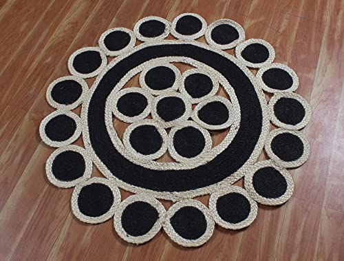 CASAVANI Cape Code Circle Area Rug - 6 x 6 Feet Beige Black Pattern Natural Jute Mat Ideal for High Traffic Area in Bedroom Bedside Round Dining Side Round Living Room Hallway and Kitchen Mat