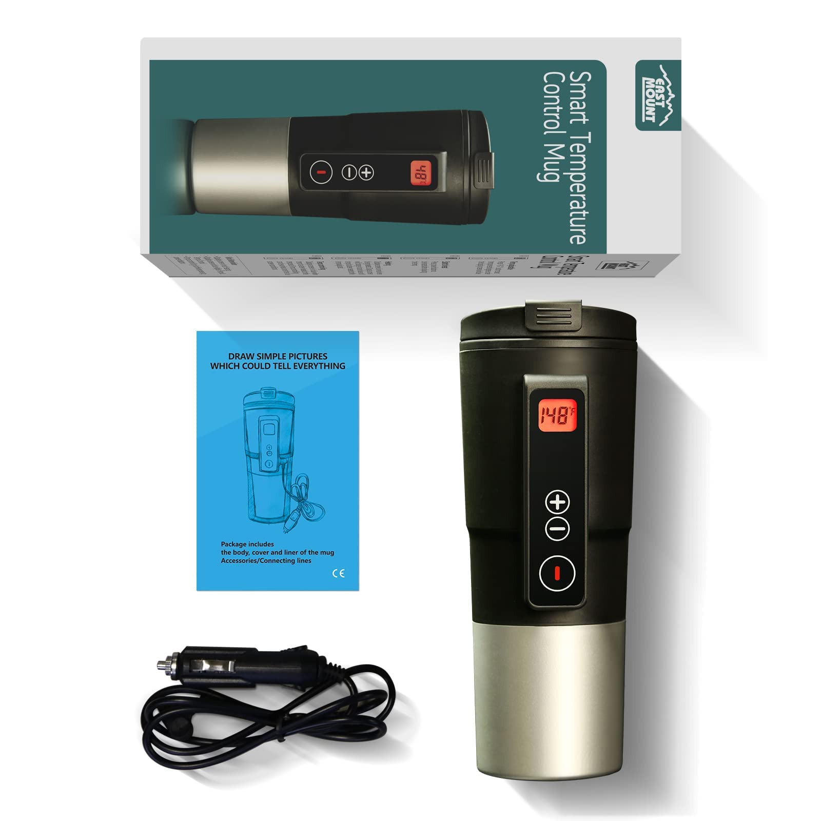 EAST MOUNT Smart Temperature Control Travel Coffee Mug Electric heated Travel Mug 12V Stainless Steel Tumbler Smart Heating Car Cup Keep Milk Warm LCD display Easily Washing Safe for use (Black)