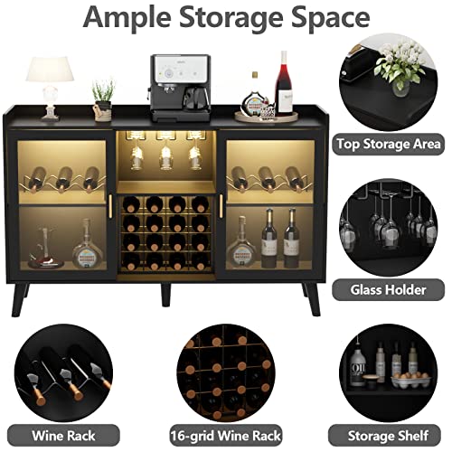 Auromie Wine Bar Cabinet with Led Light, Home Coffee Cabinet with Wine and Glass Rack, Kitchen Buffet Sideboard with Storage Shelves, Freestanding Liquor Cabinet for Living Room, Dining Room (Black)
