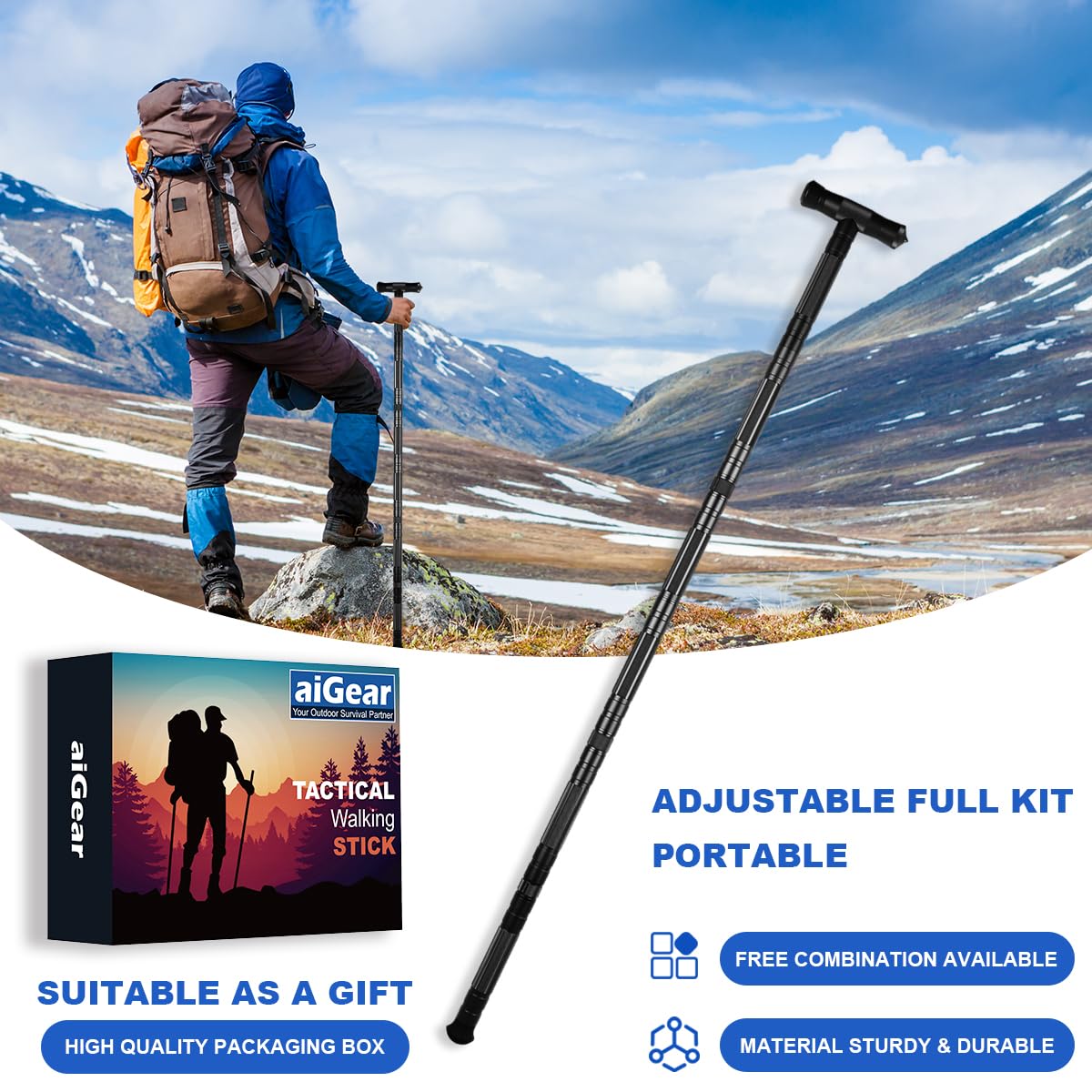 aiGear Premium Walking Hiking Stick CNC Machined Outdoor Trekking Poles Color Black(G2647)