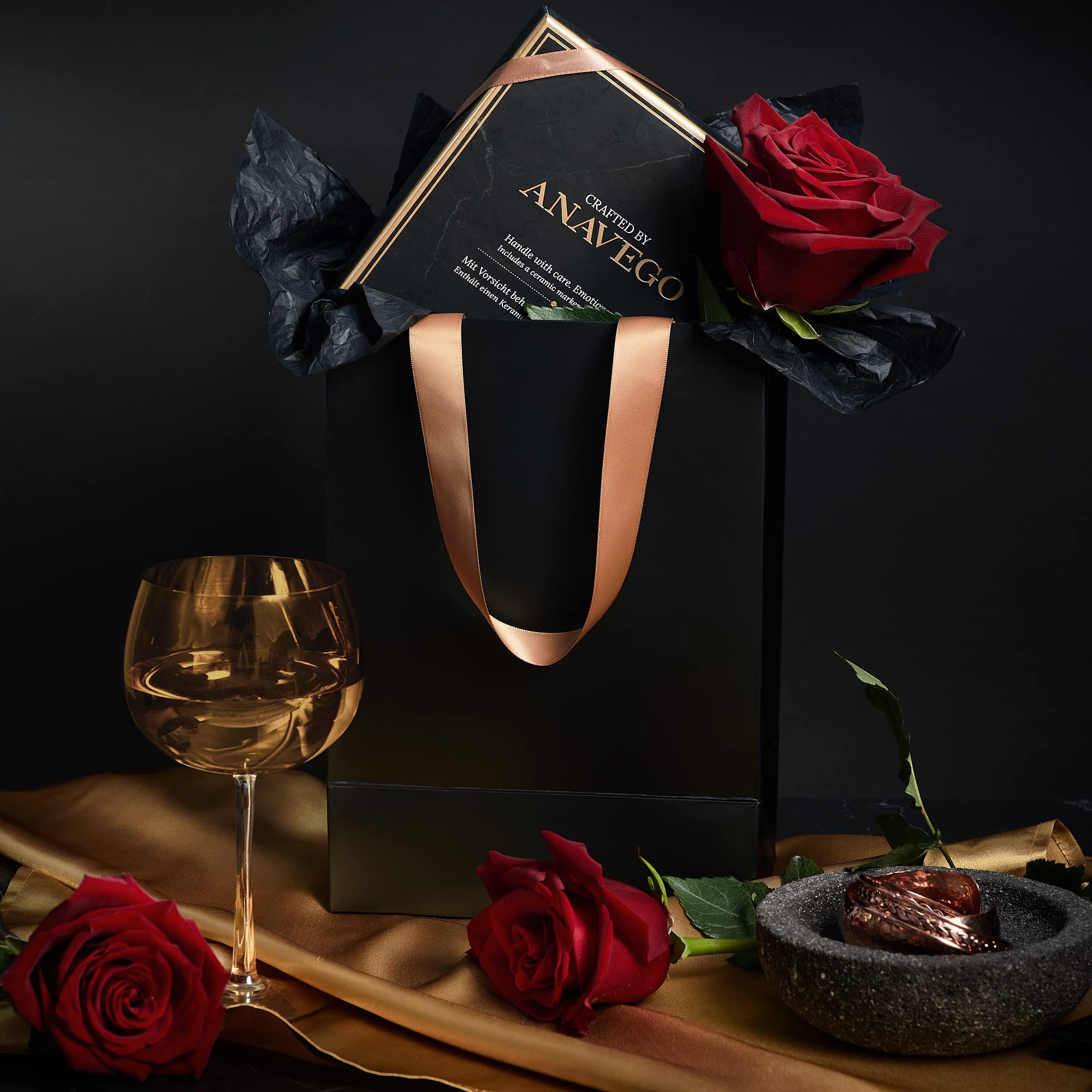 Anavego 6 First-Class Black Gift Bags with Metallic Markers for Personalization & Tissue Paper. Medium Size 8x10″. Matte & Sturdy. Handles from Gold Satin. Birthday Bags Set for Women & Men