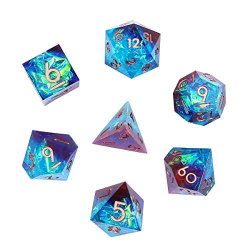 DollaTek Resin Transparent RPG Dice Set, 7pcs DND Dice Set D4 D6 D8 D10 D12 D20, Red and Blue with Gold Foil, for Dungeons and Dragons and Board Games