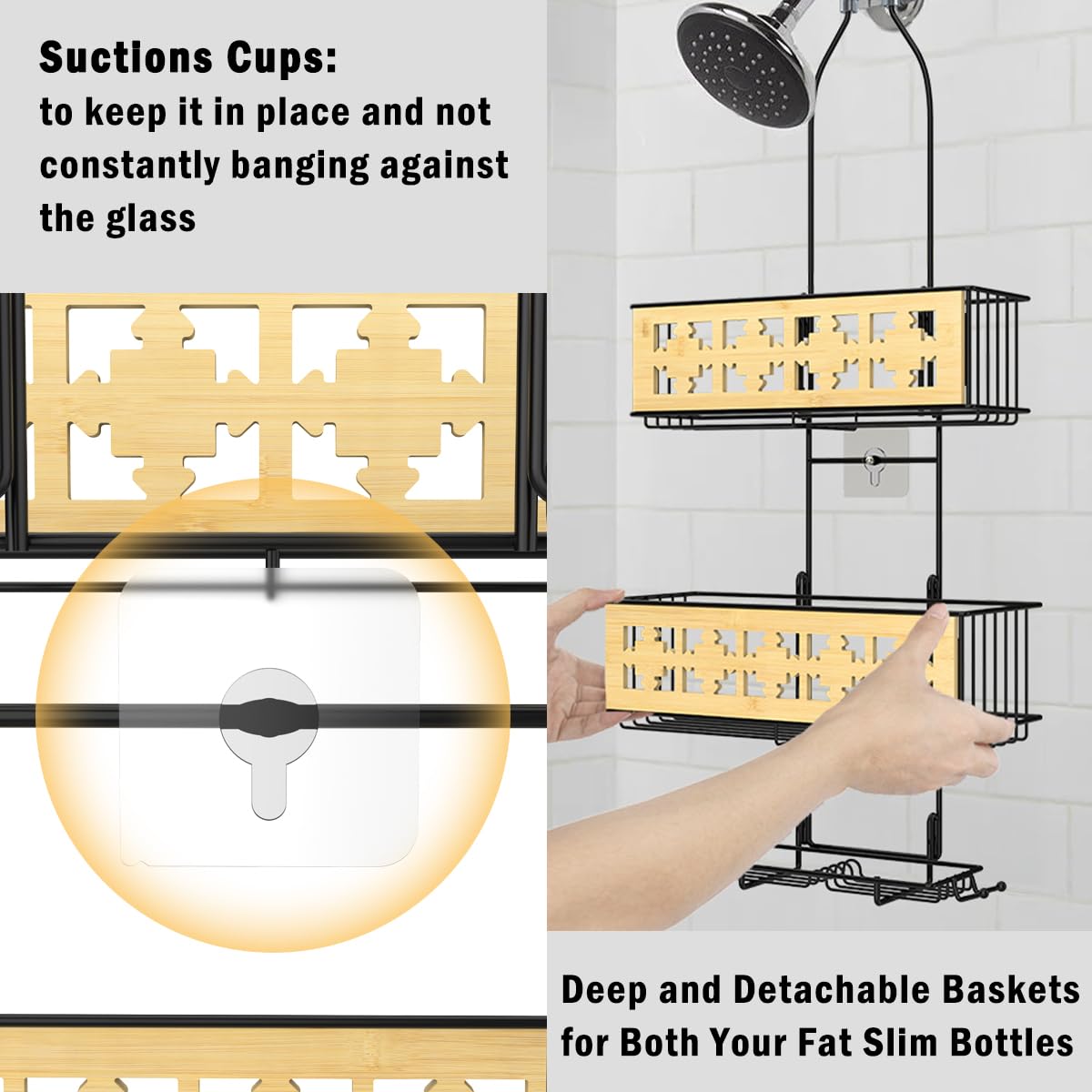 melos Shower Caddy Over Shower Head, 3 Tier Hanging Shower Organizer, Shower Caddy Hanging, Shower Rack Hanging Rustproof With Soap Holder, for Bathroom Hooks and Bamboo Board Silver