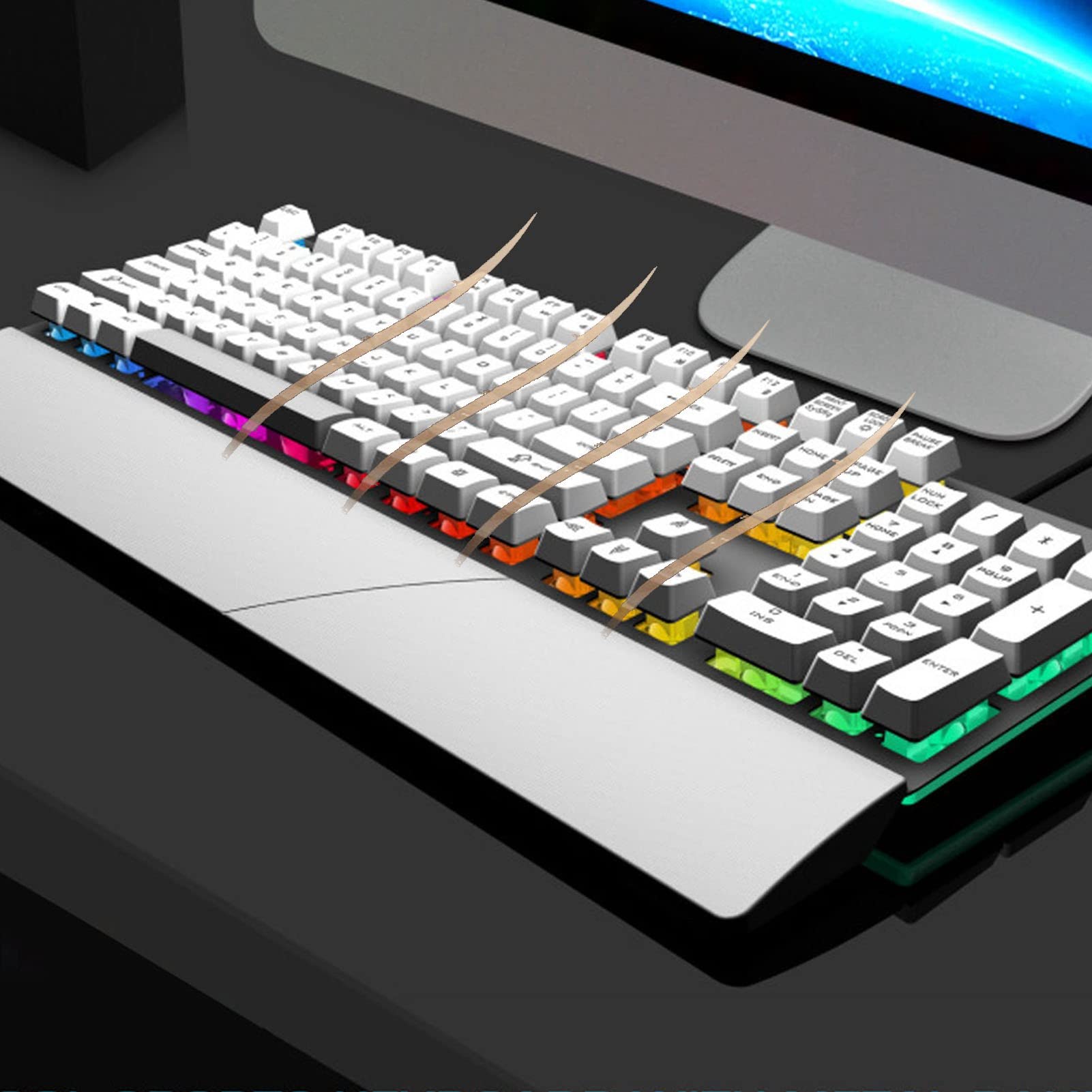 Acogedor Mechanical Gaming Keyboard, RGB Backlight USB Wired 104 Keys Mechanical Feeling Keyboard with Wrist Rest for Home Office Gaming(GK60 Keyway White)