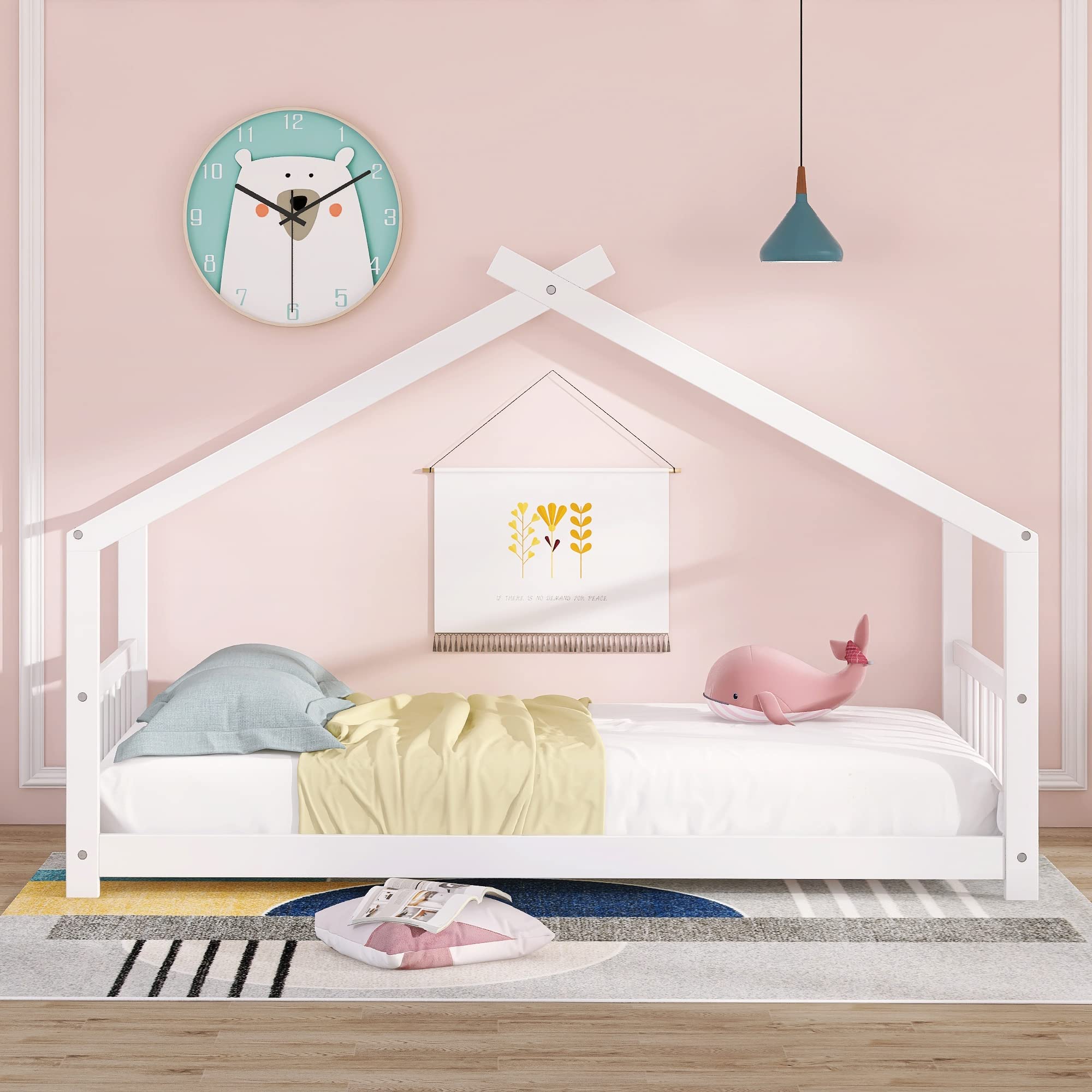 Merax Twin Wood Low House Bed with Headboard and Footboard Floor Bed Frame for Boys,Girls, Easy Assembly (Twin, White)