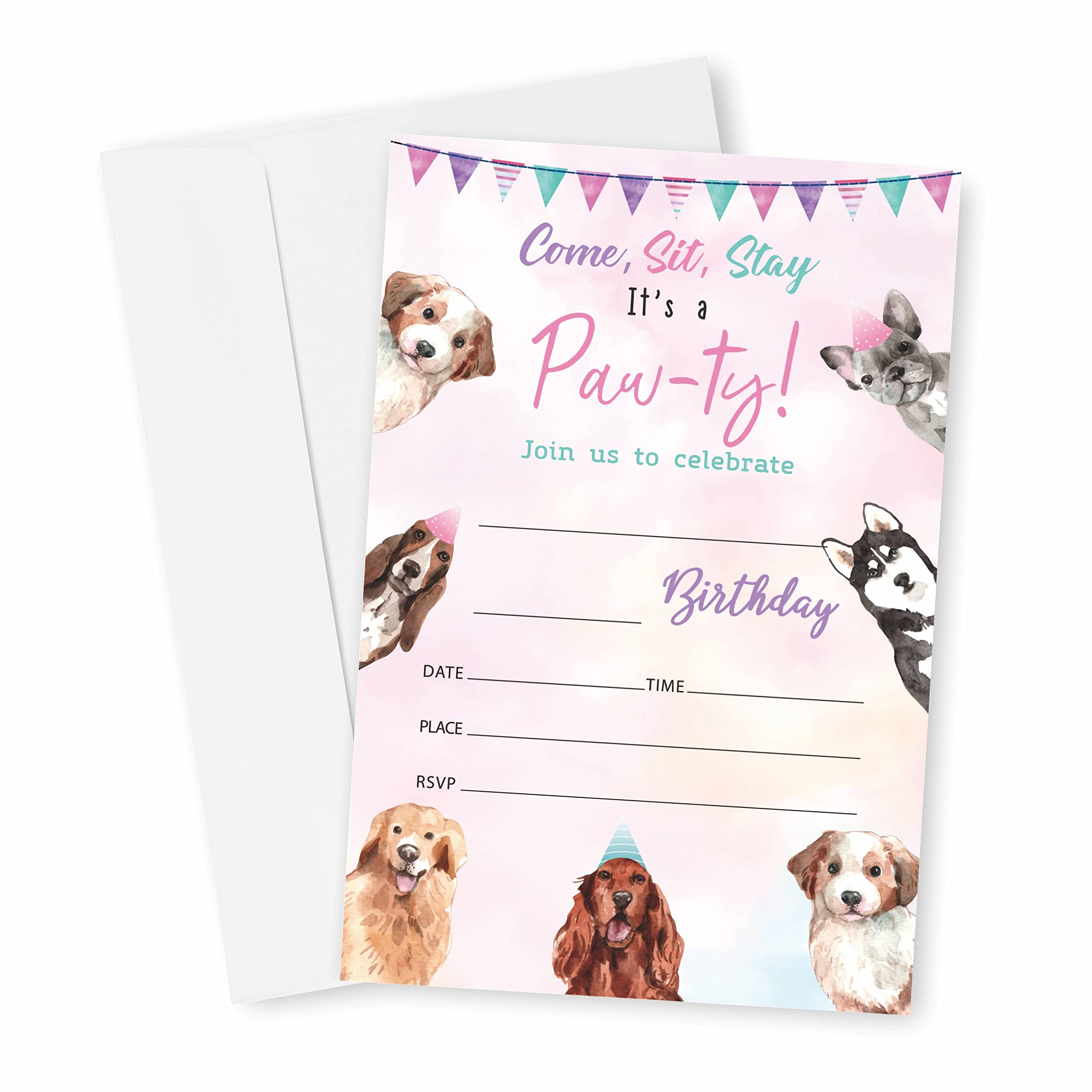 DYIRBIIY Puppy Birthday Invitations, Let's Pawty Birthday Party Invites Decorations, Dog Birthday Party and Events Supplies, 20 Fill-in Invites Cards with Matching Envelopes(YQK-049)