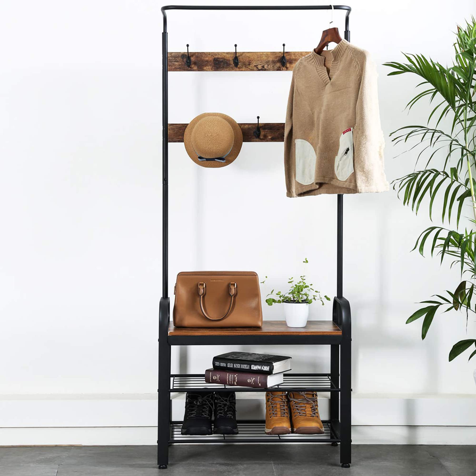 Sunnyglade Vintage Coat Rack Shoe Bench, Hall Tree Entryway Storage Shelf, Wood Look Accent Furniture Metal Frame, 3 in 1 Design, Easy Assembly