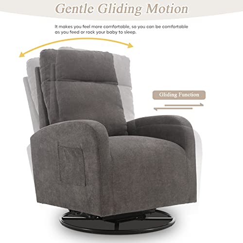 Deolme 360 Swivel Accent Glider Rocking Chair, Comfy Tufted Upholstered Glider Rocker for Nursery, Modern Armchair with Tall Back and Side Pocket for Living Room, Bedroom (Dark Gray)