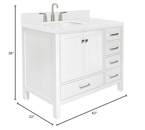 ARIEL Cambridge 42 Inch Bathroom Vanity with Sink, White Bathroom Vanity, Solid Wood Vanity Base Cabinet, Carrara White Quartz 1.5" Edge, Rectangular Single Sink, 2 Soft Closing Doors, 5 Drawers