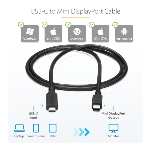 StarTech.com 1m / 3.3ft USB-C to Mini DisplayPort Cable - 4K 60Hz - Black - USB 3.1 Type C to mDP Adapter (CDP2MDPMM1MB)