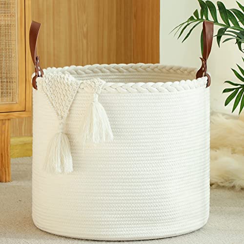 KAKAMAY Large Cotton Rope Blanket Basket (20"x13"),Woven Baby Laundry Hamper,Blanket Basket for Nursery, Laundry, Living Room, Pillows, Toys (White/Beige)