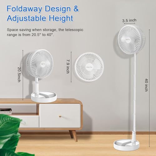 AKOFIC Portable Standing Fan with Solar Panel, Battery & Solar Powered Fan for Travel, 8" Rechargeable USB Foldable Compact Pedestal Fan, 3 Speeds Quiet Telescopic Desk Fan for Home Bedroom Camping