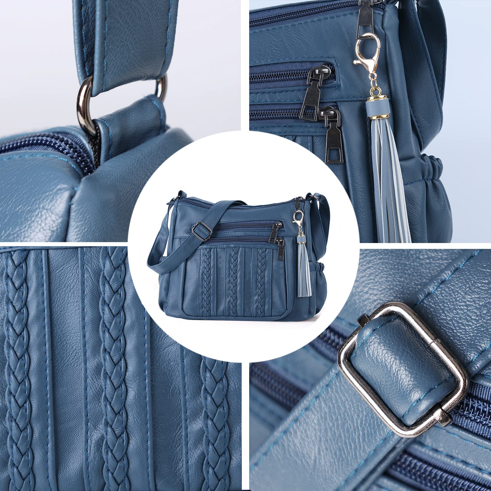 ELDA Purses for Women Pocketbooks Soft PU Leather Ladies Crossbody Purse Multi Pocket Shoulder Bag (Gray blue)
