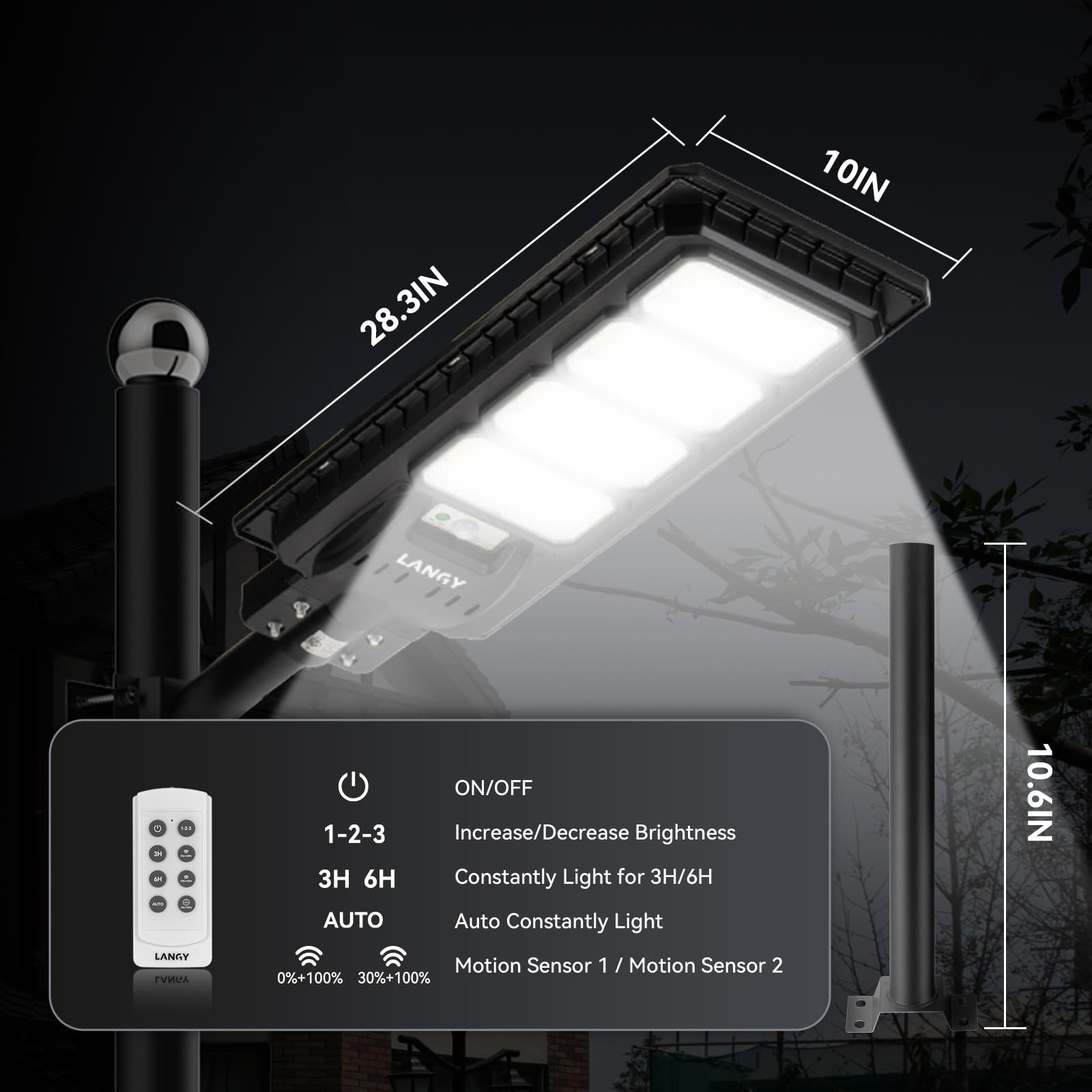 LANGY Upgraded Solar Street Lights 25000 Lumens, 20000mAH Battery, 360 Pcs LED Street Light Solar Powered with Remote Control, Dusk to Dawn Outdoor Security Led Post Street Light